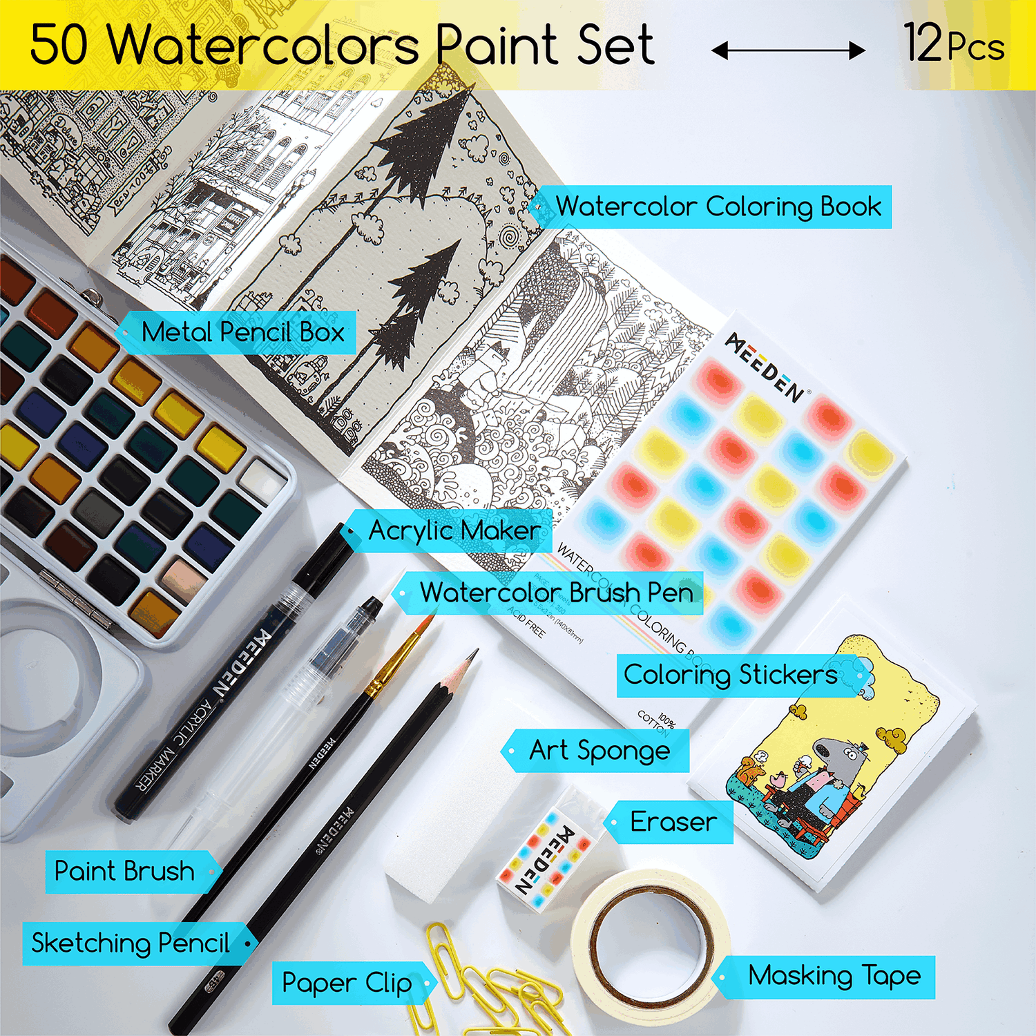 MEEDEN Travel Watercolor Paint Set , 50 Colors