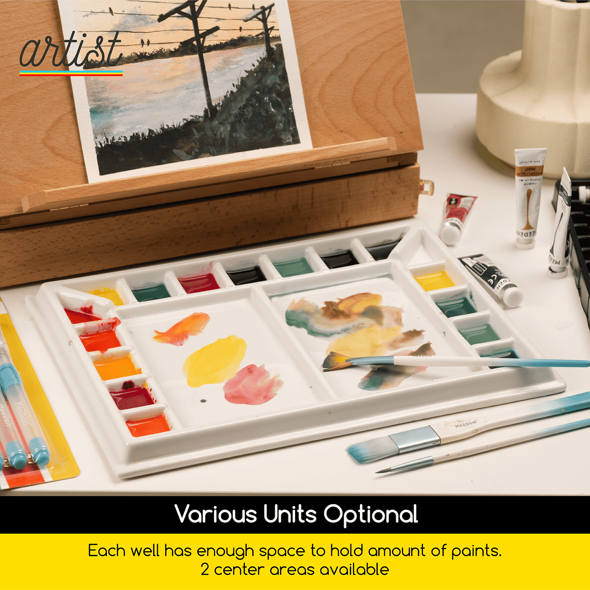 MEEDEN Studio Porcelain Watercolor Paint Palette - 17 Wells & Durable